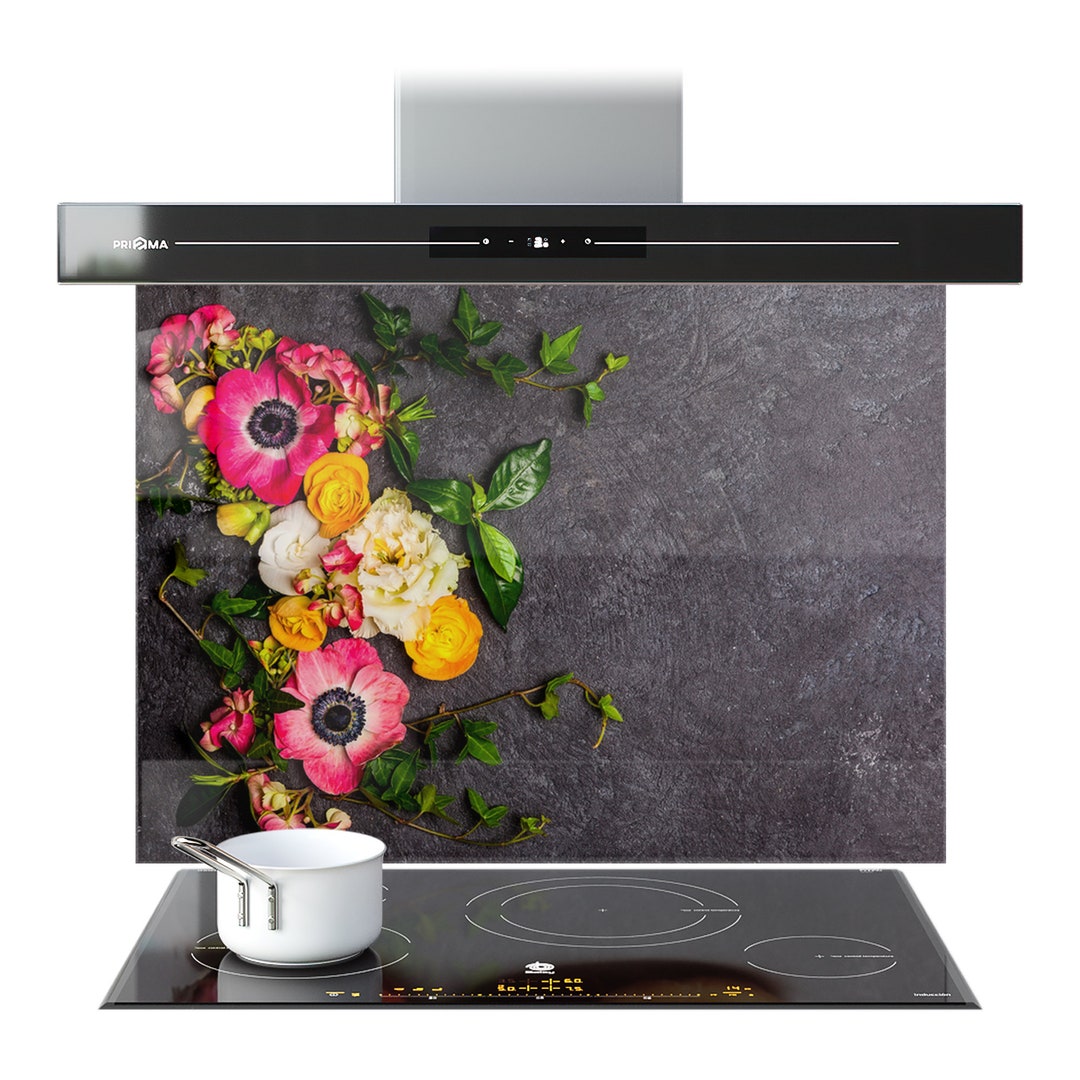 Kitchen Splashback Flowers on the Stone Worktop Tempered Glass ...