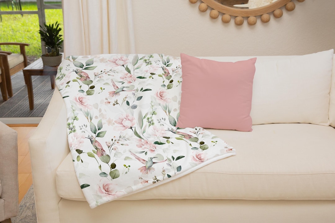 Pink Floral Rose & Hummingbirds Soft Minky Blanket, Pink and Green ...