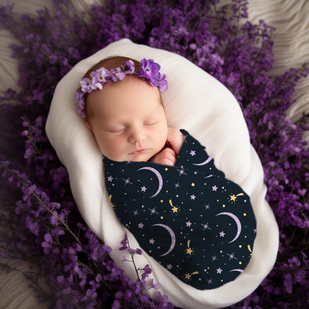 Baby Girl Purple Moons & Stars Swaddle Set, Celestial Bow Hat ...