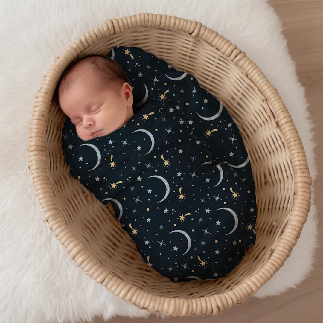 Baby Boy Moons & Stars Swaddle Set, Celestial Knot Hat / Beanie, Cosmic ...