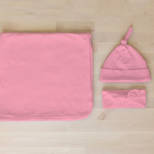 Baby Girl Solid Bubblegum Pink Swaddle Blanket Set, Plain Blush Beanie ...