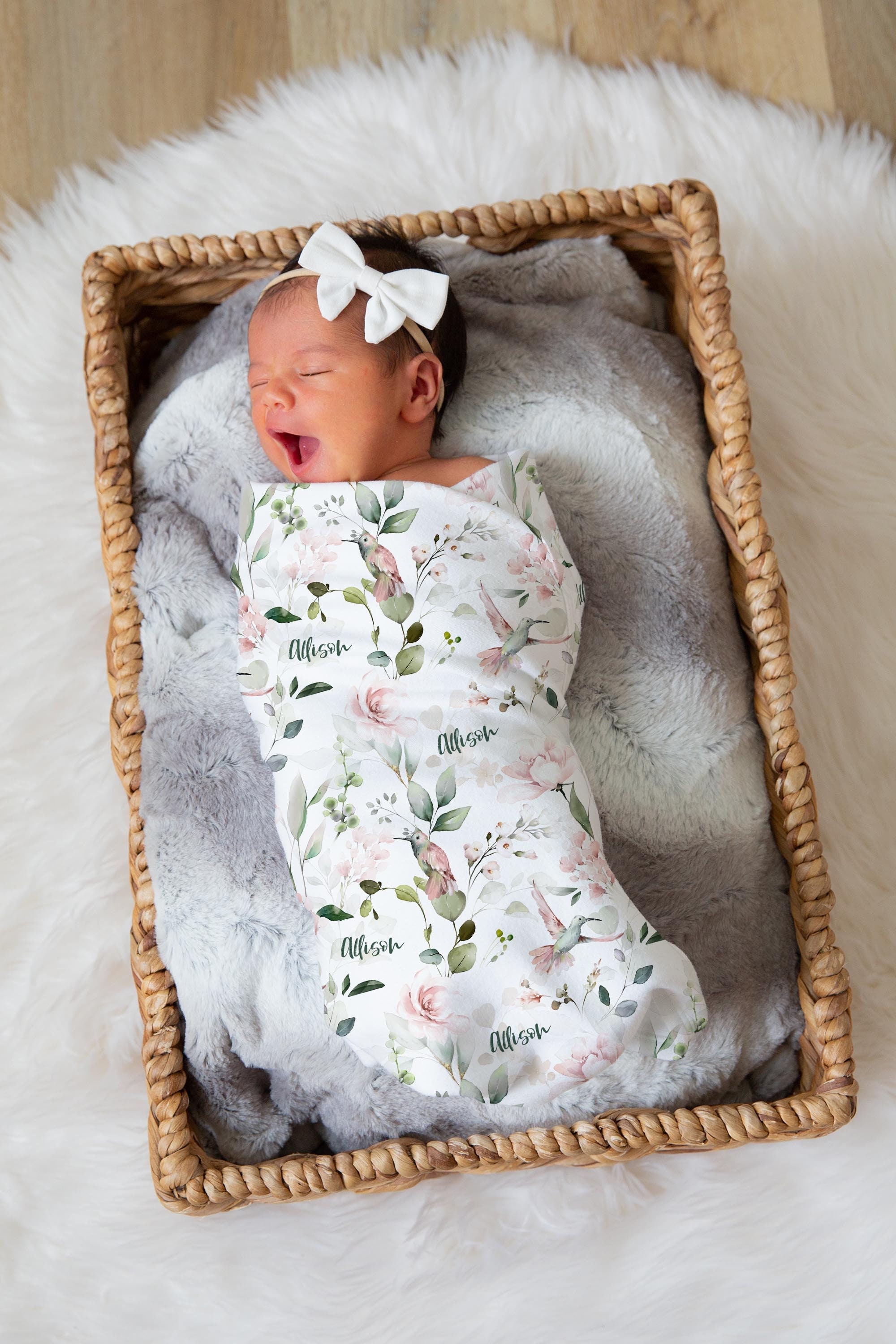 Pink Rose & Hummingbirds Personalized Swaddle Set Custom Name - Etsy