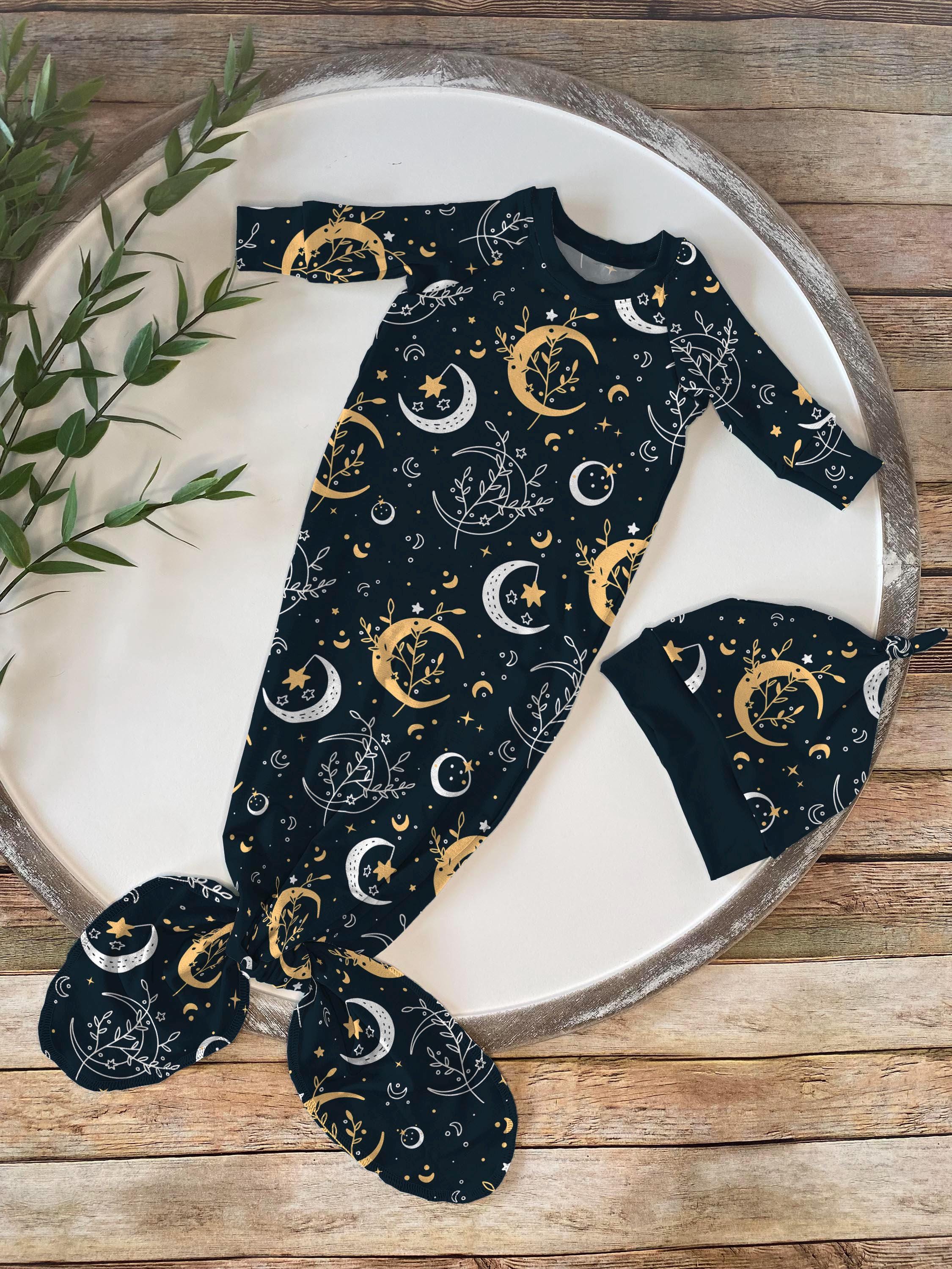 Gender Neutral Moons & Stars Swaddle, Yellow and Navy Knot Hat ...