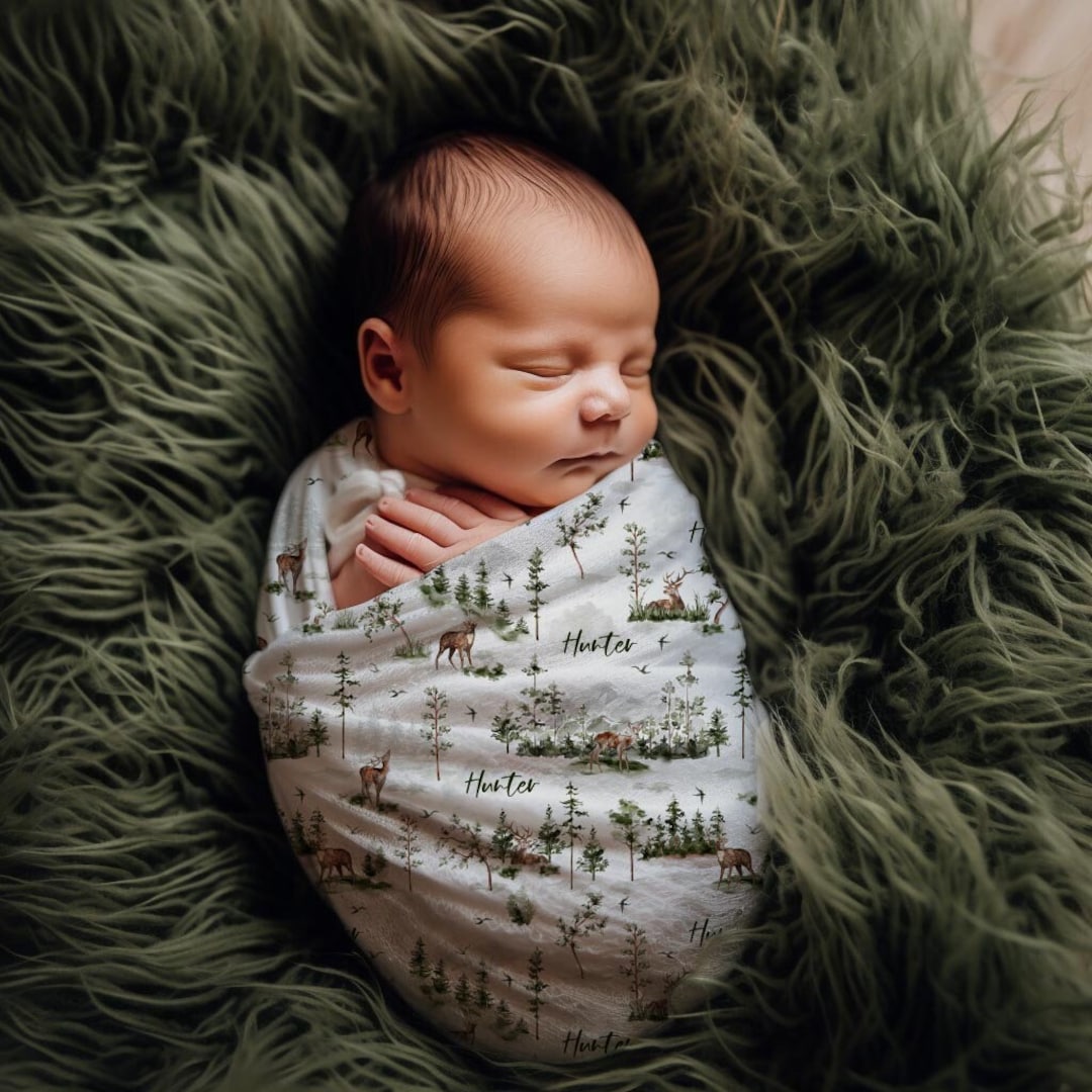 Personalized Deer in Forest Baby Boy Swaddle Set, Custom Name Woodland ...