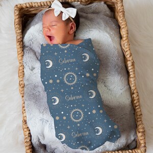 Personalized Baby Girl / Boy Moons & Stars Swaddle Set, Slate Blue Matching Hat / Headband Bow ...