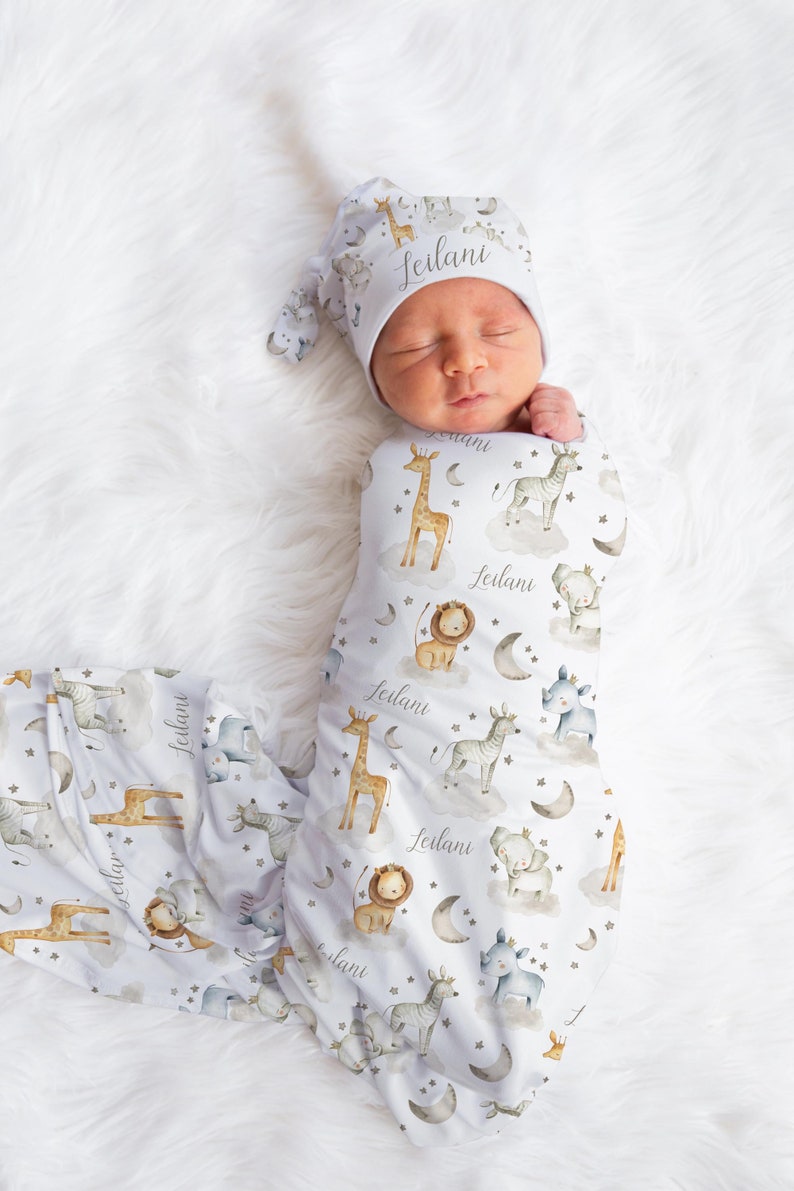 Personalized Baby Boy / Girl Safari Animals Swaddle Set (elephant Lion ...