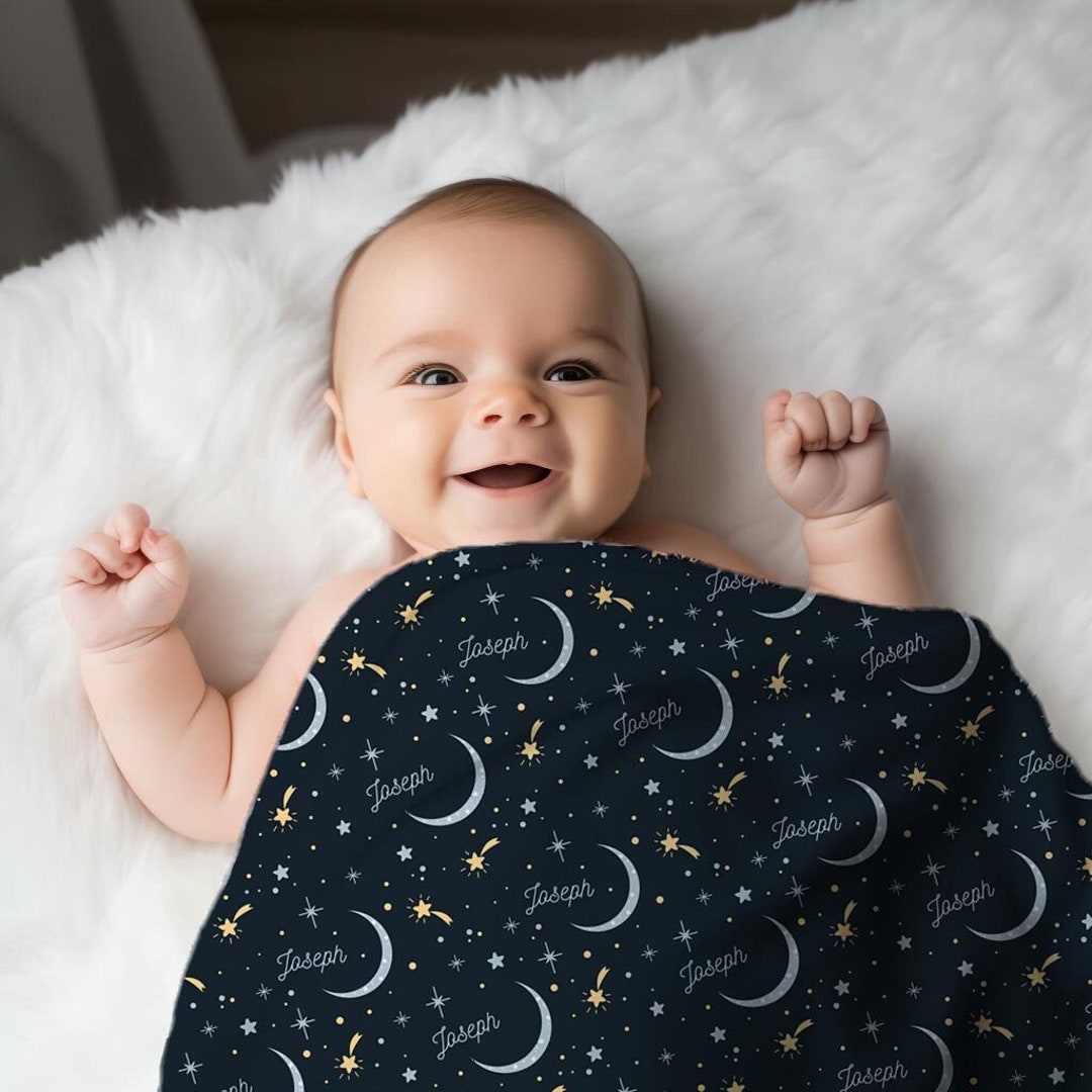 Baby Boy Moons & Stars Personalized Swaddle Set, Custom Name Celestial ...