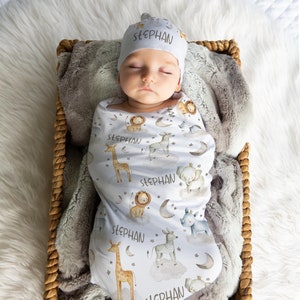 Personalized Baby Boy / Girl Safari Animals Swaddle Set (elephant Lion ...