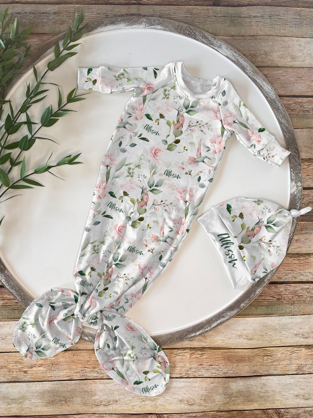 Hummingbirds Baby Girl Personalized Knotted Gown Set, Spring Pink Rose ...
