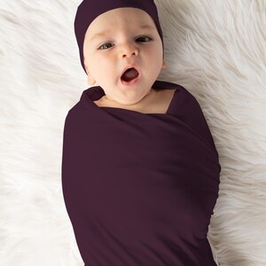 Baby Girl Solid Purple Swaddle Blanket Set, Boy Plain Mauve Beanie ...