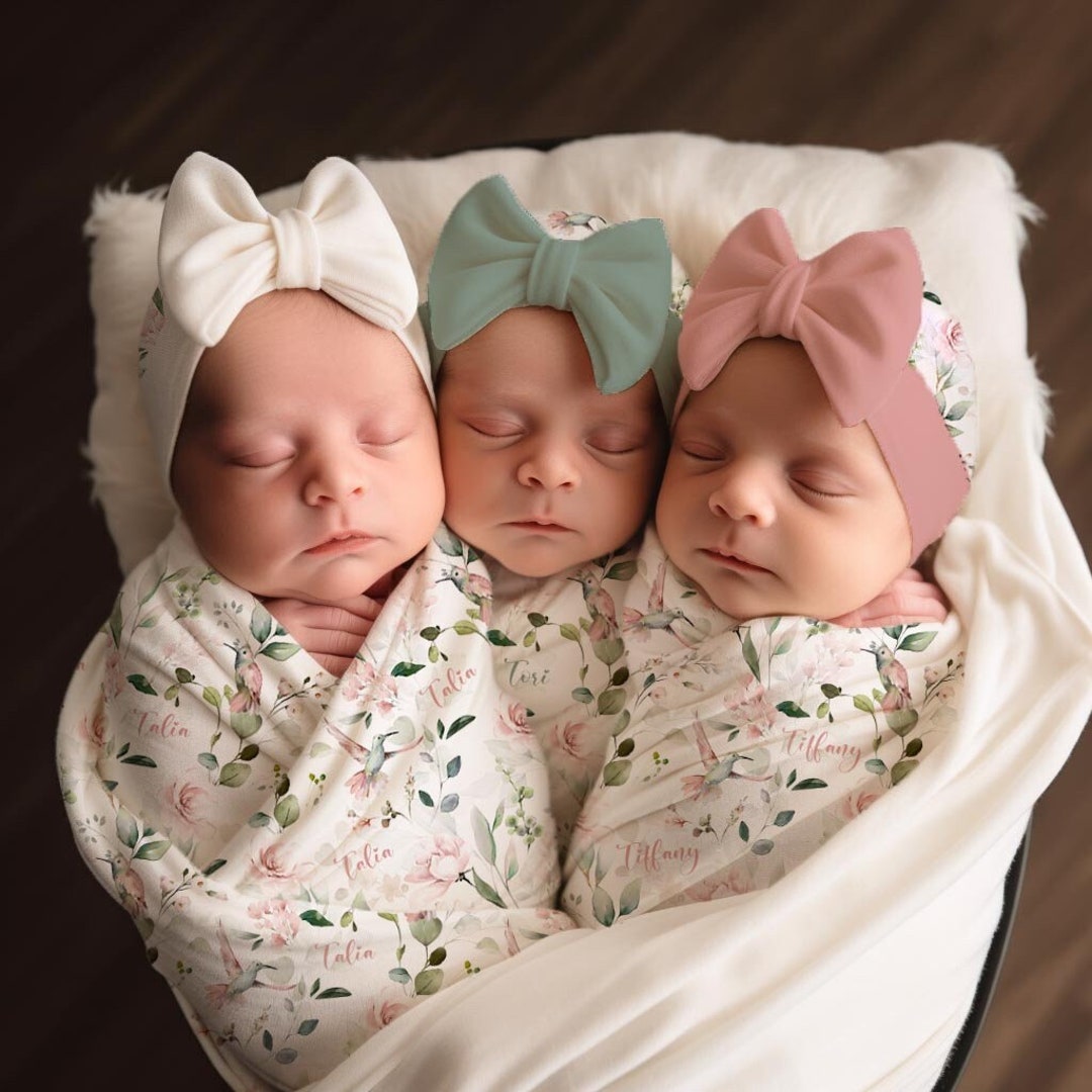 Triplet Baby Girls Custom Name Hummingbird Swaddle Set, Personalized ...