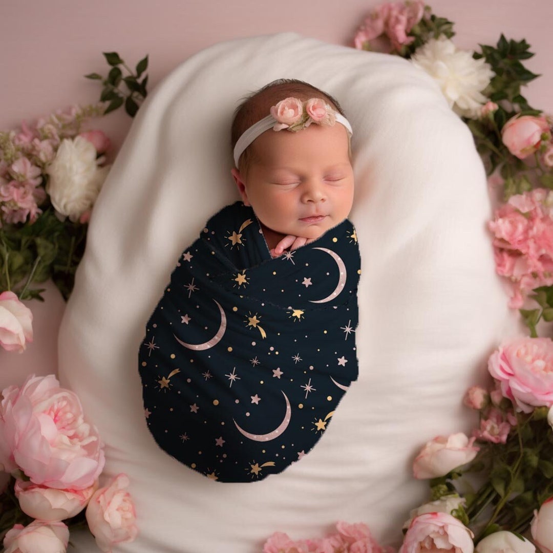 Baby Girl Pink Moons & Stars Swaddle Set, Celestial Headband Bow / Knot ...