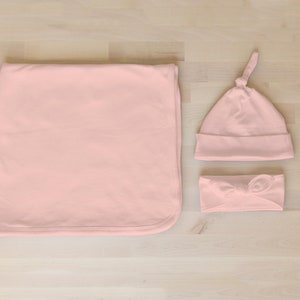 Baby Girl Solid Pale Pink Swaddle Blanket Set, Plain Blush Beanie ...