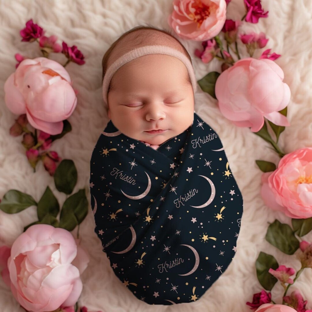 Baby Girl Moons & Stars Personalized Swaddle Set, Custom Name Celestial ...