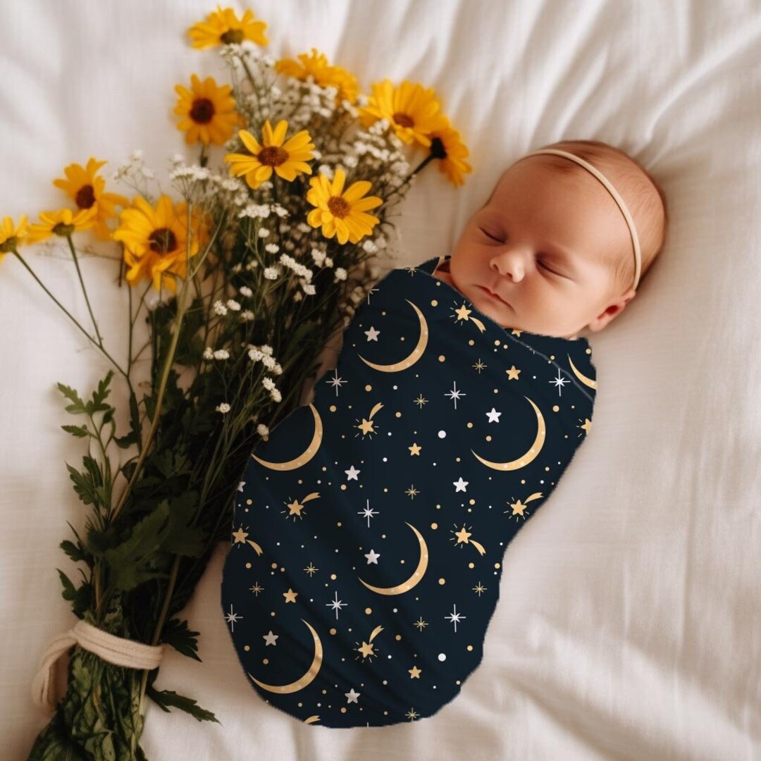 Yellow Moons & Stars Newborn Swaddle Set, Baby Girl Celestial Headband ...