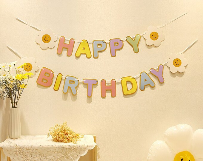 Daisy Flower Theme Happy Birthday Banner Made of NON WOVEN Cloth/gloss ...
