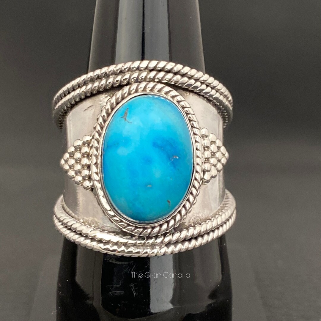 Natural Oval Turquoise Silver Thick Band Women Ring, 925 Sterling ...
