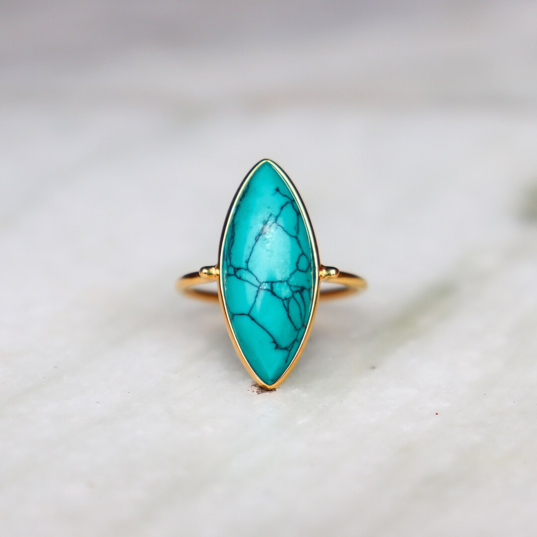 Simple Gold Turquoise Ring Big Turquoise 18k Gold Plated Jewelry ...