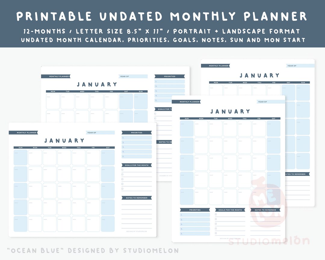 Printable Blue Undated Monthly Calendar | Downloadable Monthly Planner ...