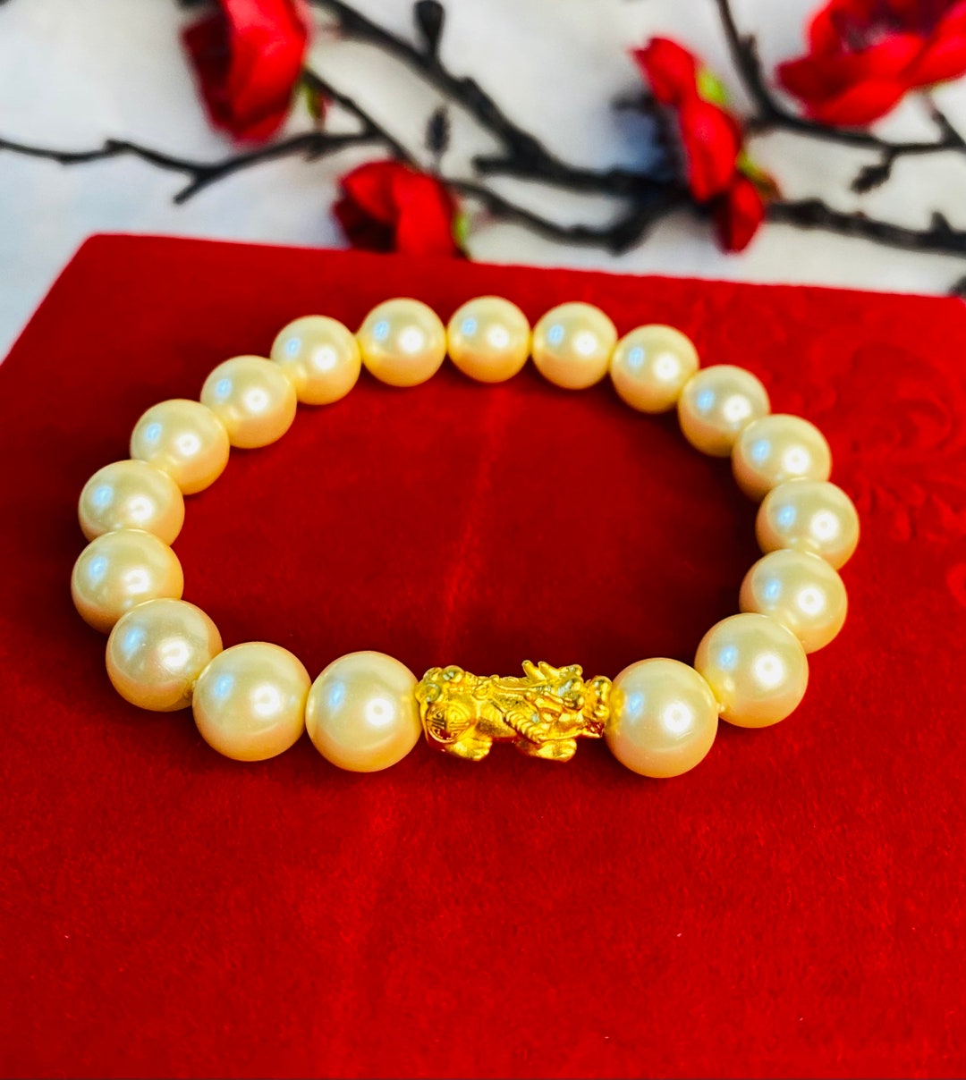 Real 24K Yellow Gold Pixiu & Champagne Gold/light Yellow Shell Pearls ...