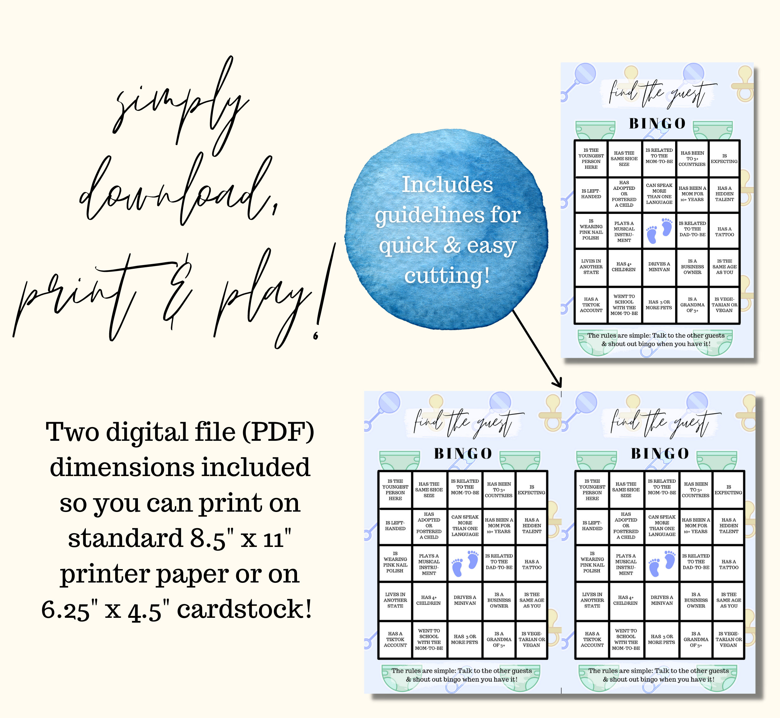 BINGO Baby Shower Boy Printable Bingo Game Instant PDF | Etsy