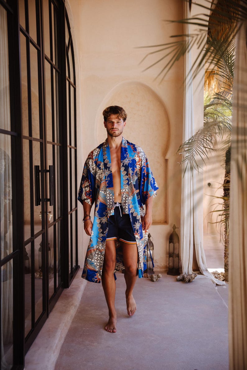 Blue Mens Silk Kimono Robe, Boheme Silk Dressing Gown for Man, Luxury ...