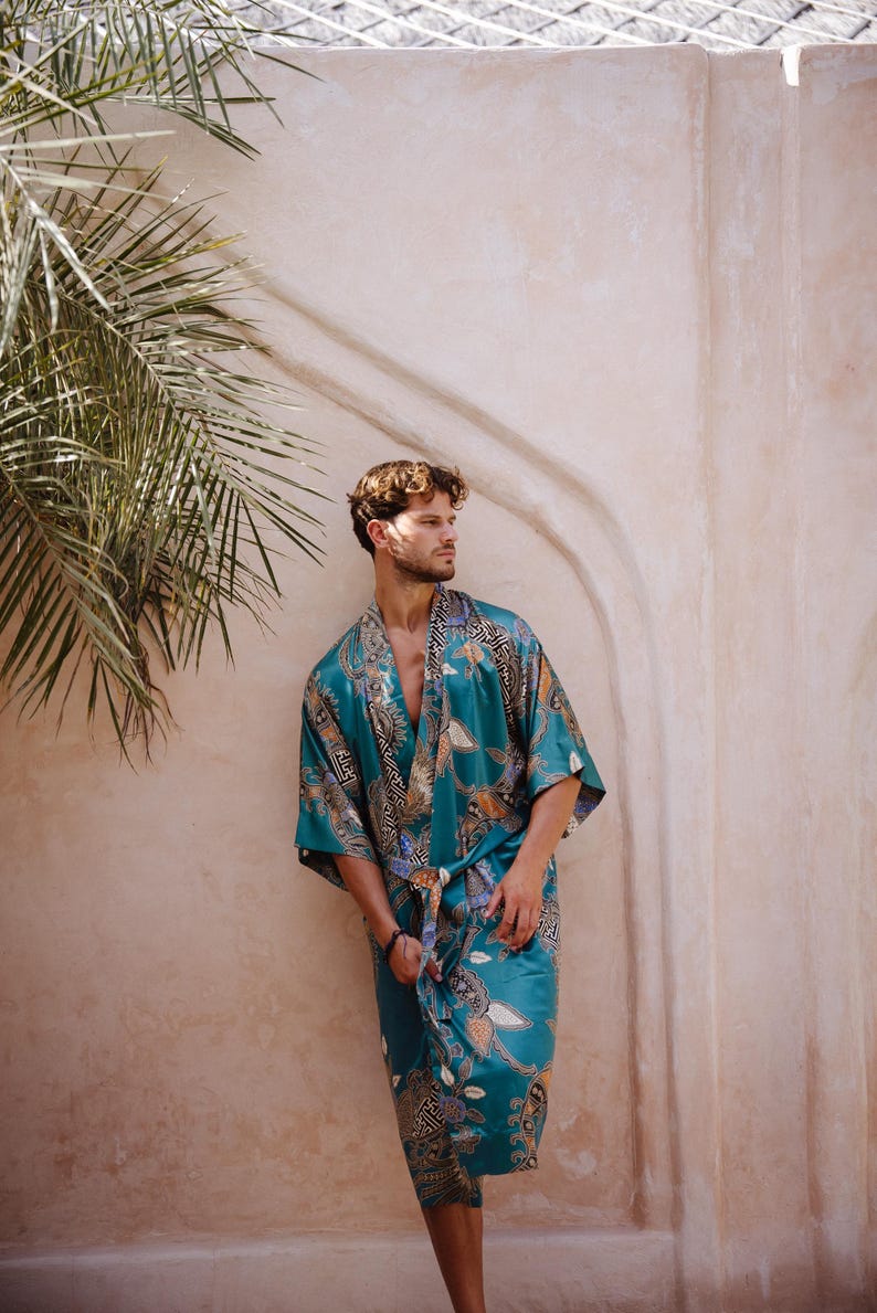 Teal Mens Silk Blend Kimono Robe, Boheme Dressing Gown for Man, Luxury ...
