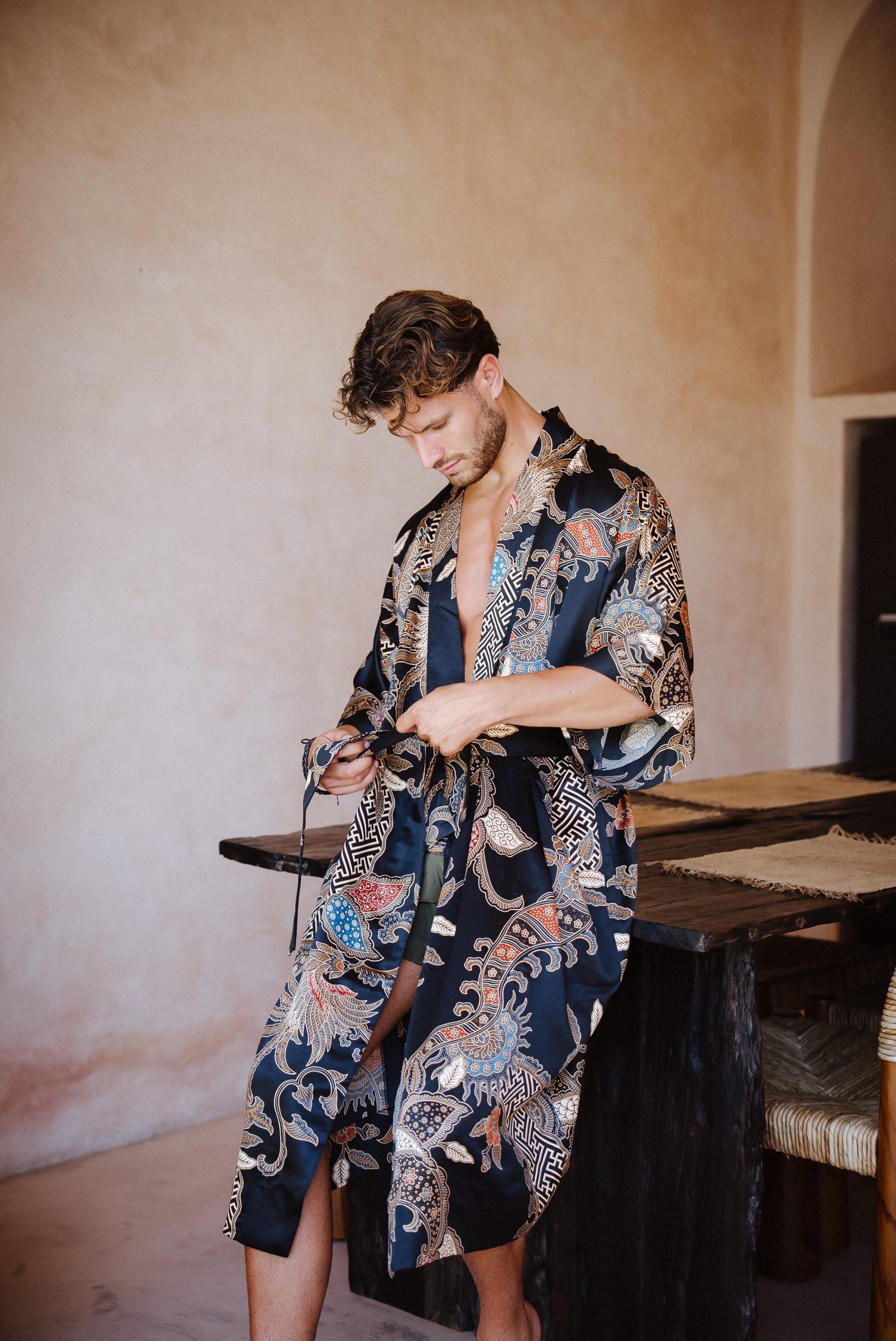Black and Gold Mens Silk Blend Kimono Robe, Boheme Dressing Gown for ...