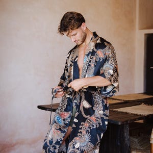 Black and Gold Mens Silk Blend Kimono Robe, Boheme Dressing Gown for ...