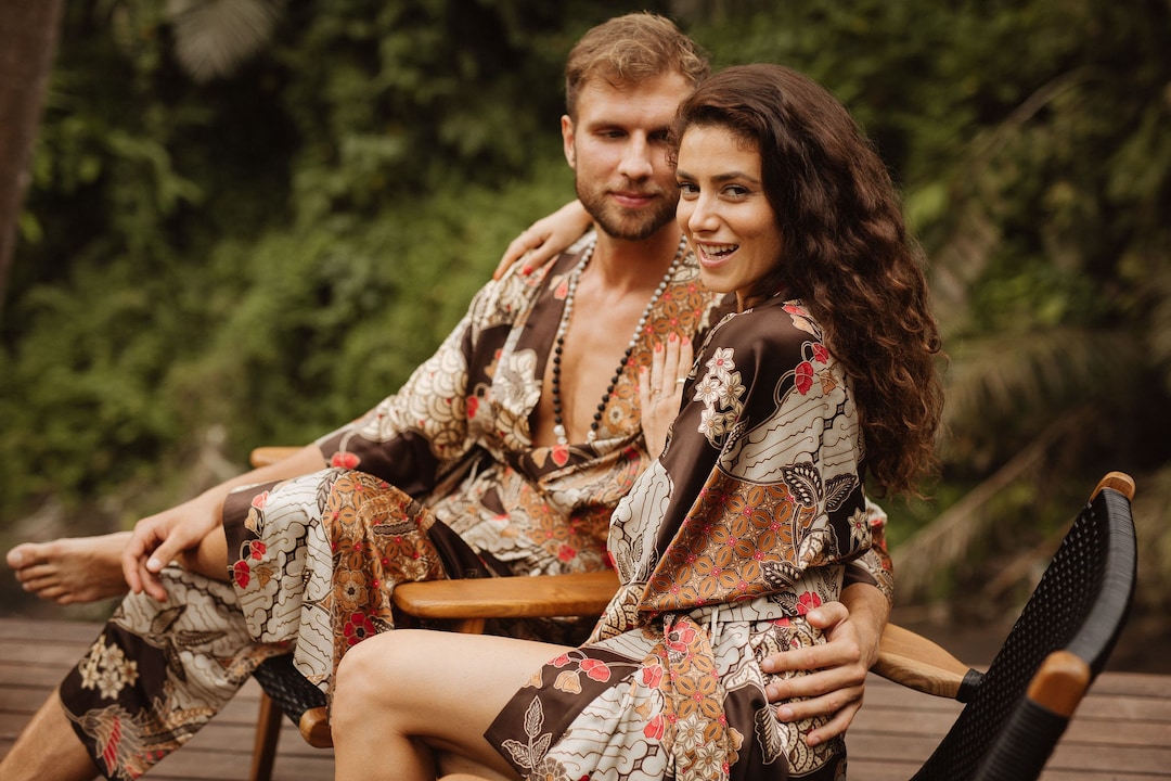 Set of 2 Batik Matching Silk Kimono Robe, Luxury Resort Wear for ...