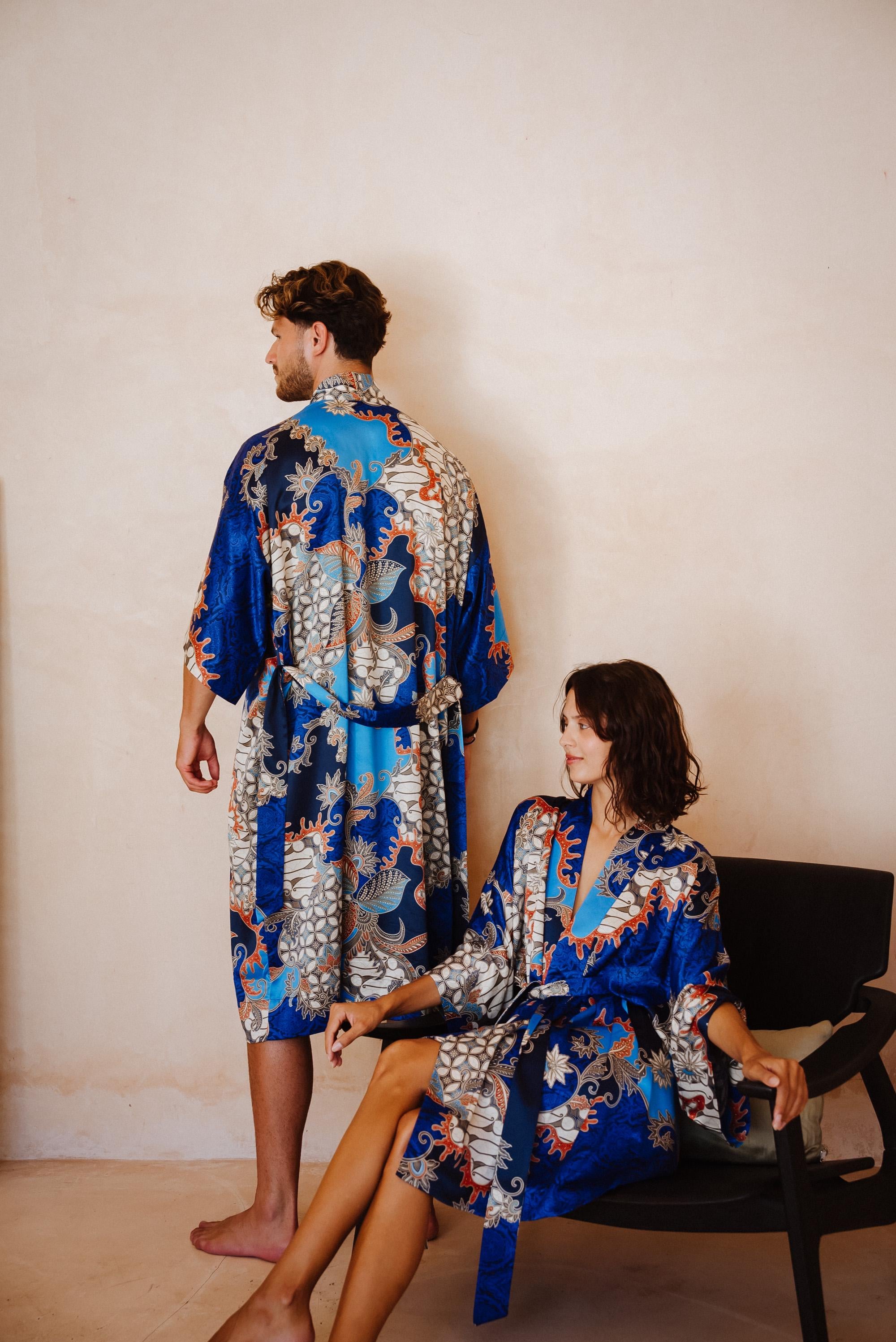 Blue Mens Silk Kimono Robe, Boheme Silk Dressing Gown for Man, Luxury ...