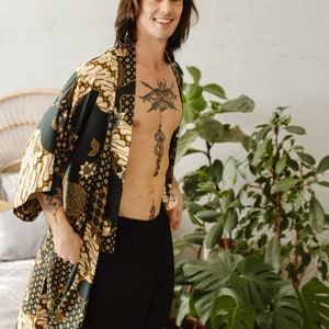 Black and Gold Mens Silk Kimono Robe, Boheme Silk Dressing Gown for Man ...