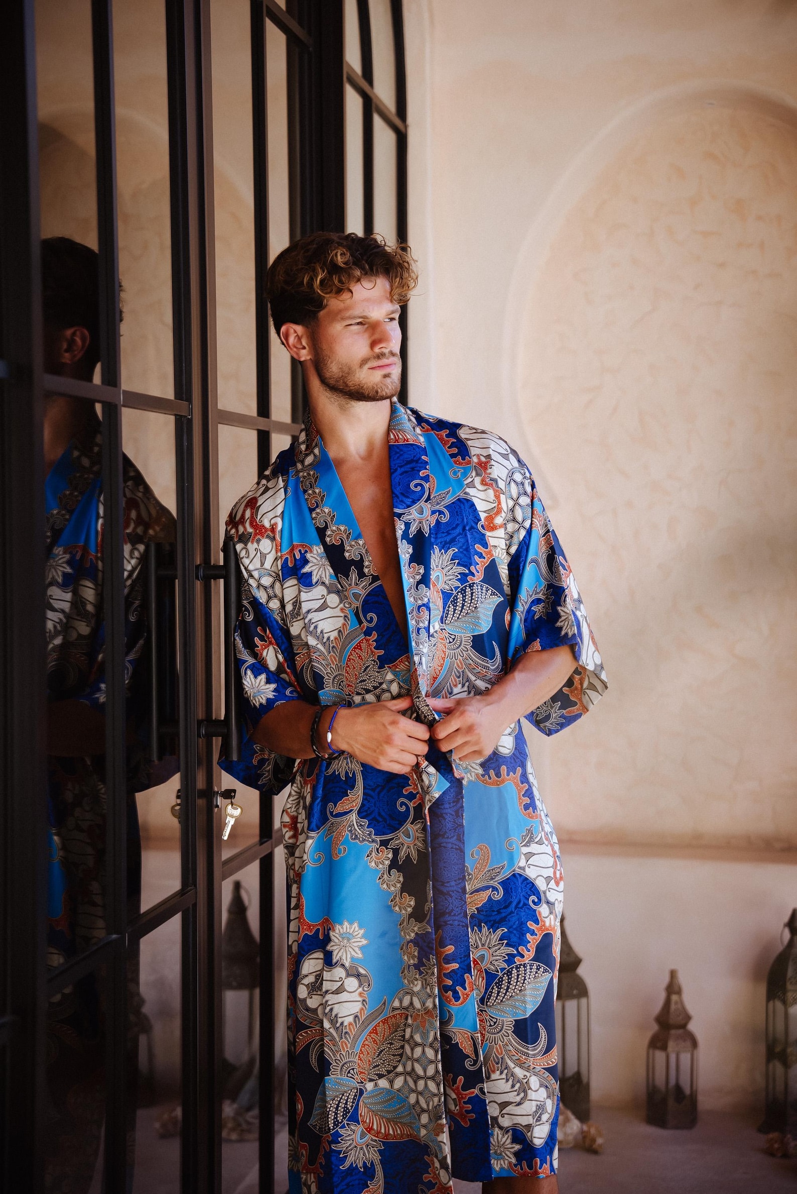 Blue Mens Silk Kimono Robe, Boheme Silk Dressing Gown for Man, Luxury ...