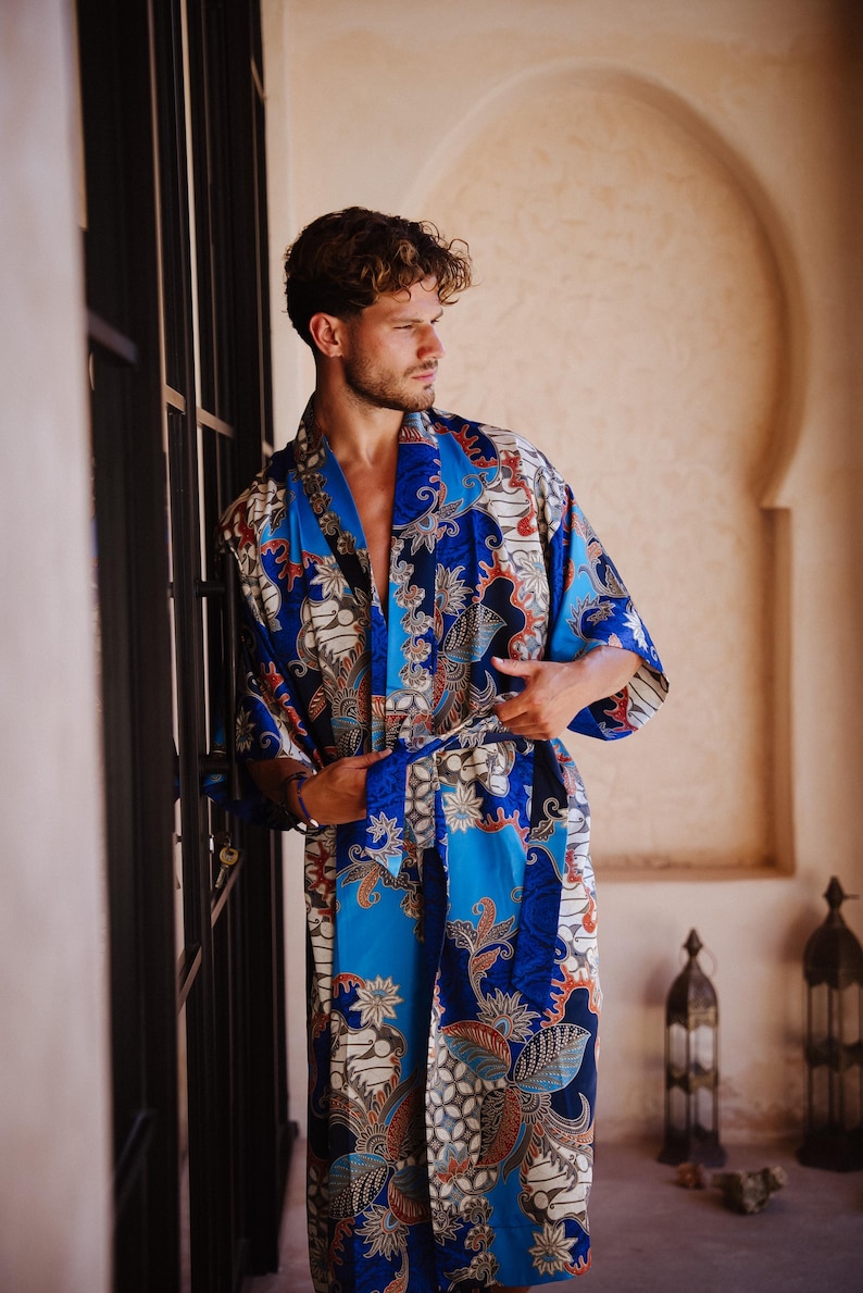 Blue Mens Silk Kimono Robe, Boheme Silk Dressing Gown for Man, Luxury ...