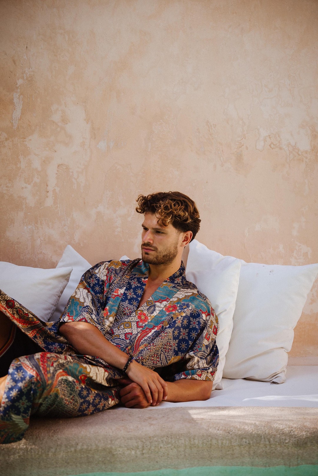 Unique Blue Mens Silk Blend Kimono Robe, Boheme Dressing Gown for Man ...