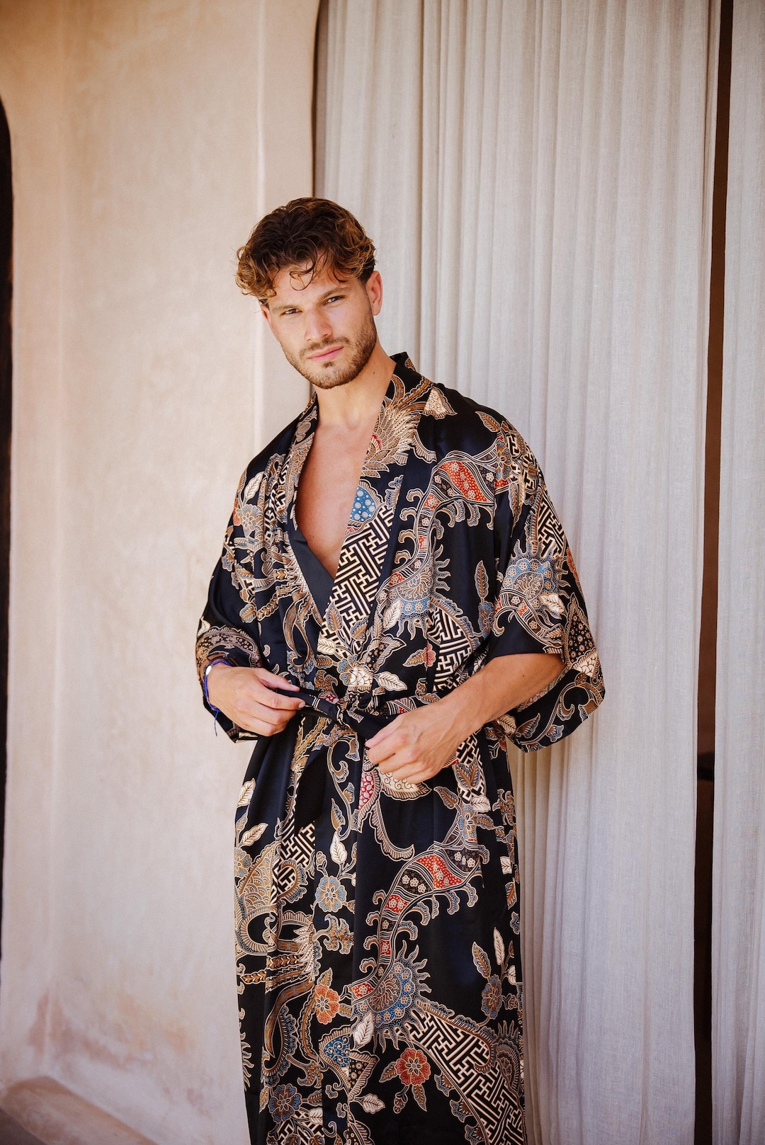 Black and Gold Mens Silk Blend Kimono Robe, Boheme Dressing Gown for ...