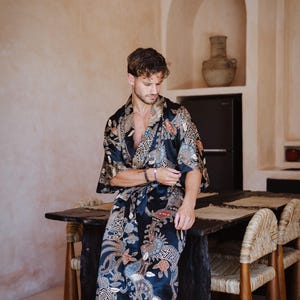 Black and Gold Mens Silk Blend Kimono Robe, Boheme Dressing Gown for ...