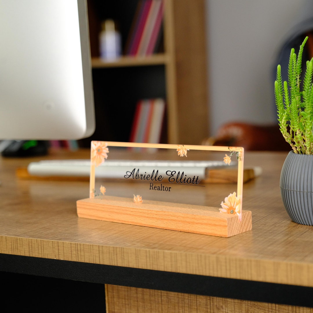 Personalized Acrylic Desk Name Plate, Floral Office Decor - Etsy