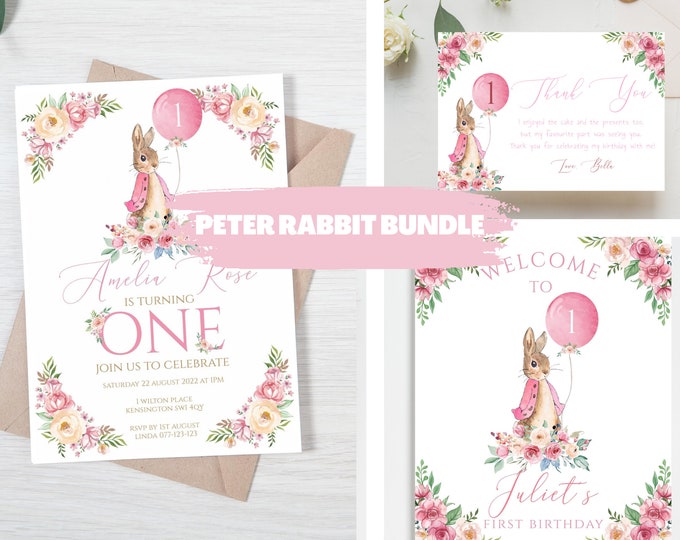 Peter Rabbit Editable Birthday Bundle, Pink Peter Rabbit Theme Birthday ...