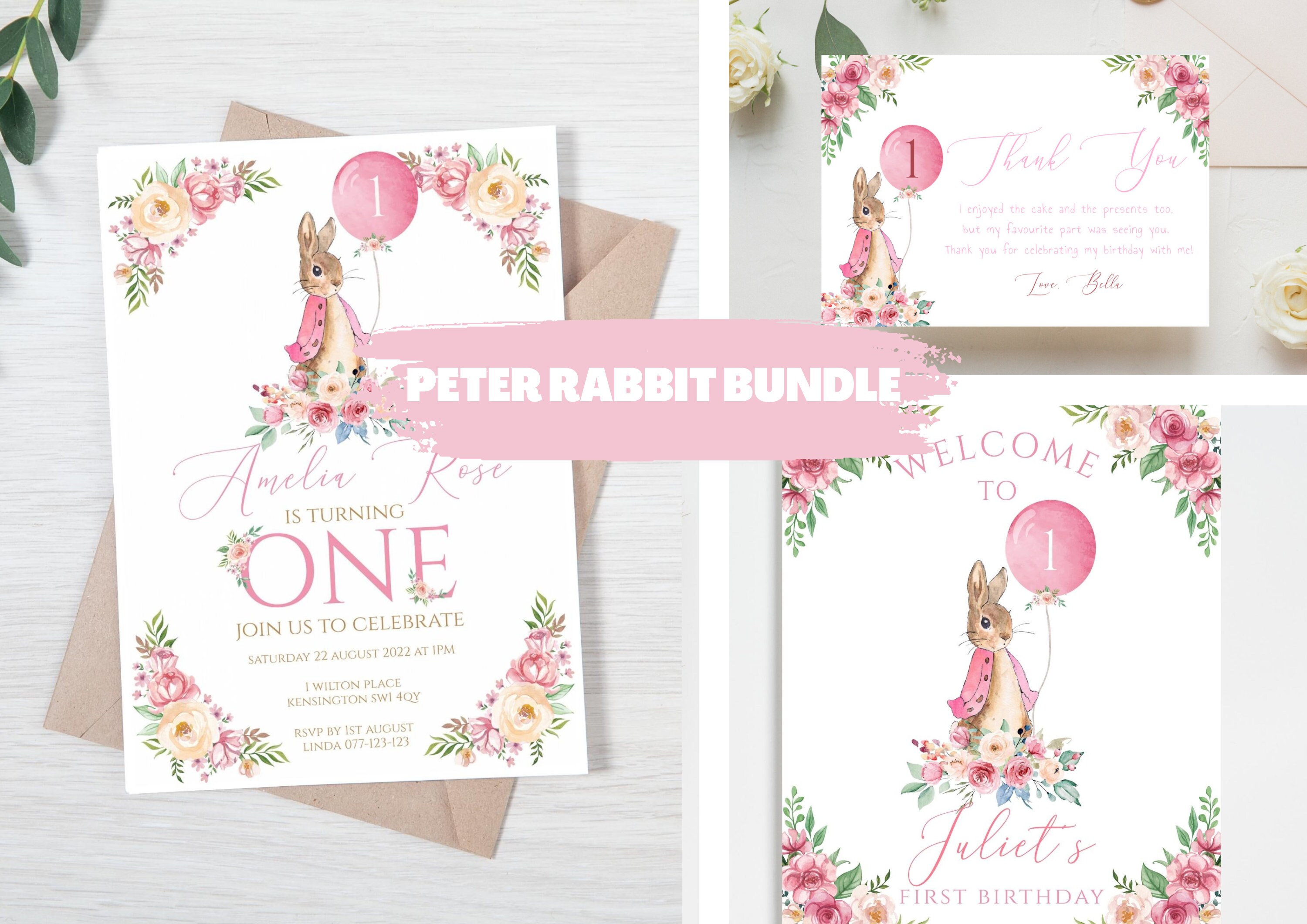Peter Rabbit Editable Birthday Bundle, Pink Peter Rabbit Theme Birthday ...
