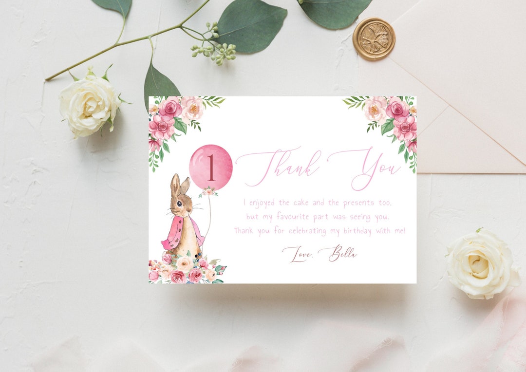 Peter Rabbit Editable Thank You Card, Pink Girls Peter Rabbit Theme ...
