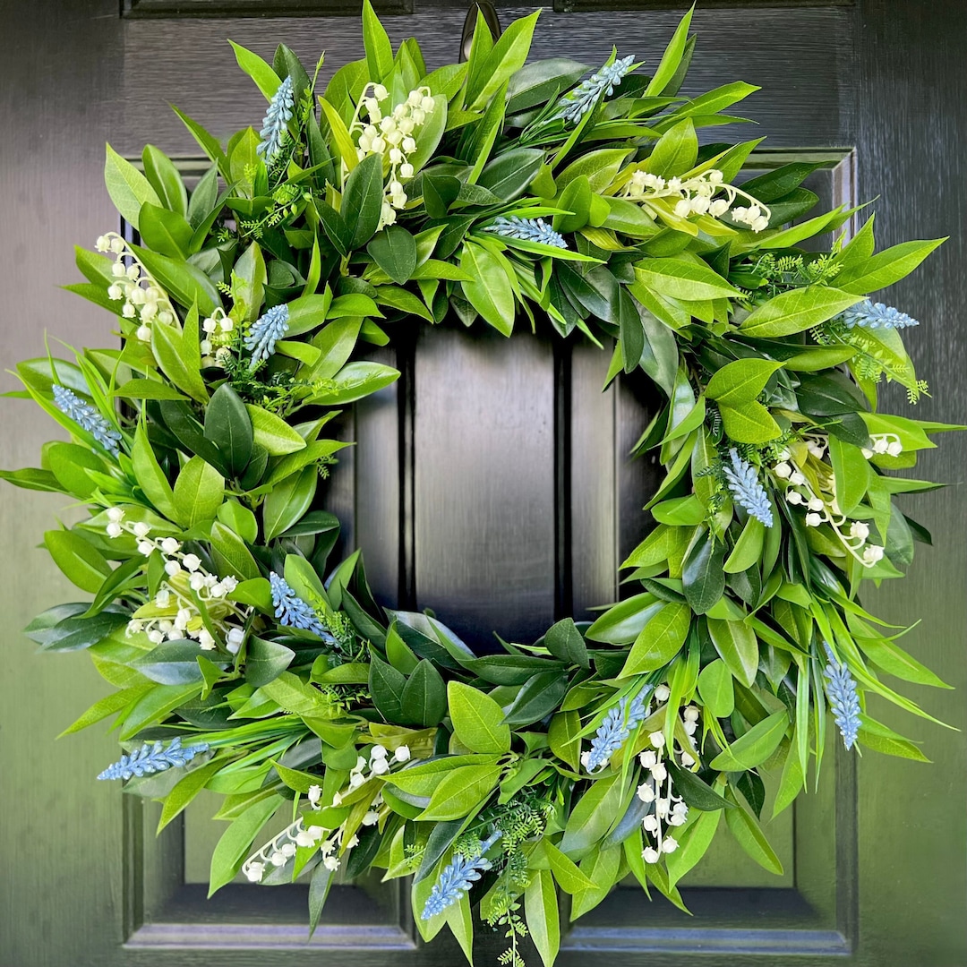 Spring Greenery Wreath With Blue Muscari and Lily of the Valley Flowers ...
