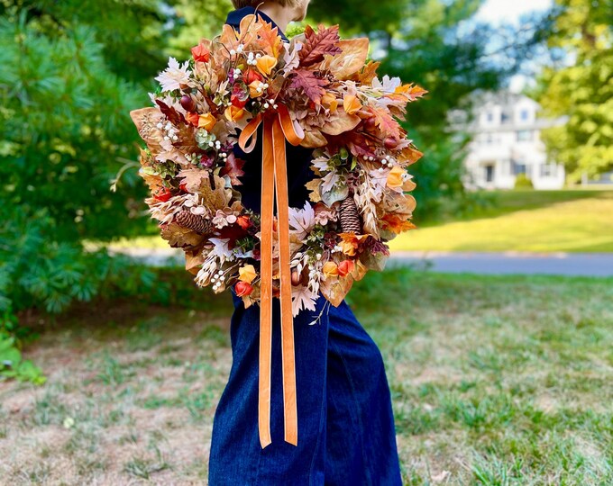 Fall Harvest Wreath With Orange Chinese Lanterns, Pinecones and Acorns ...