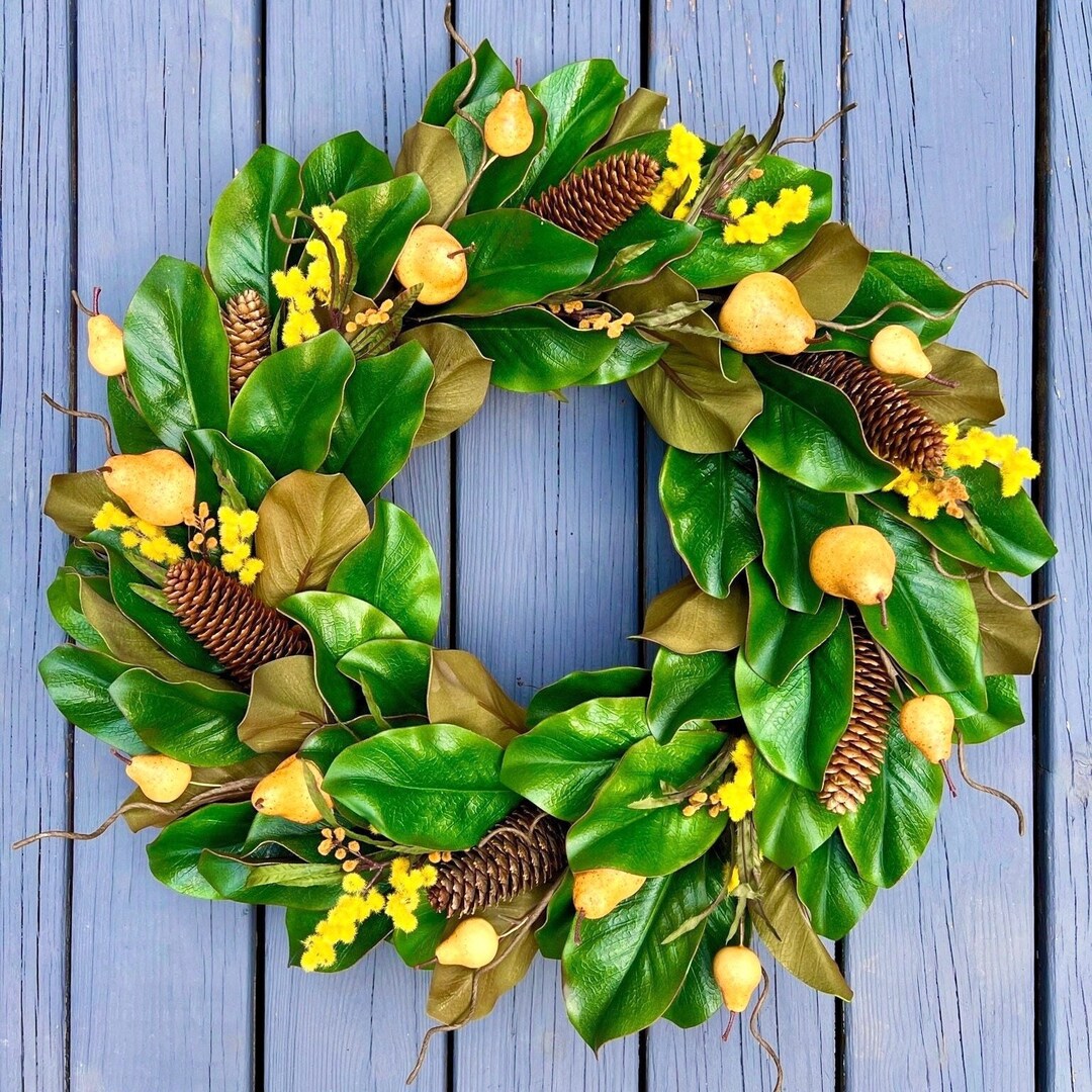 Fall Magnolia and Pear Wreath for Front Door, Harvest Wreath With ...