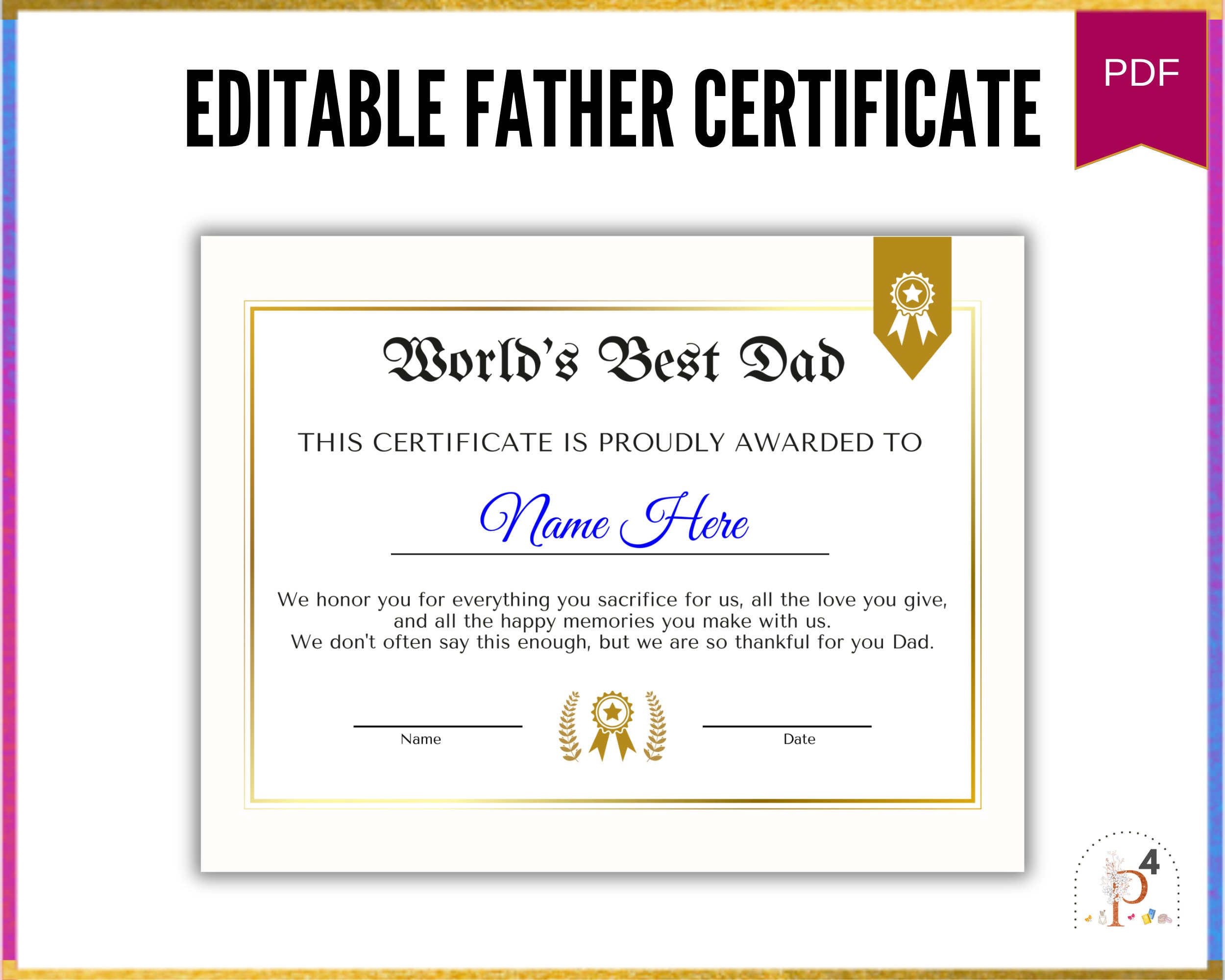 World's Best Dad Award Certificate Printable Editable - Etsy