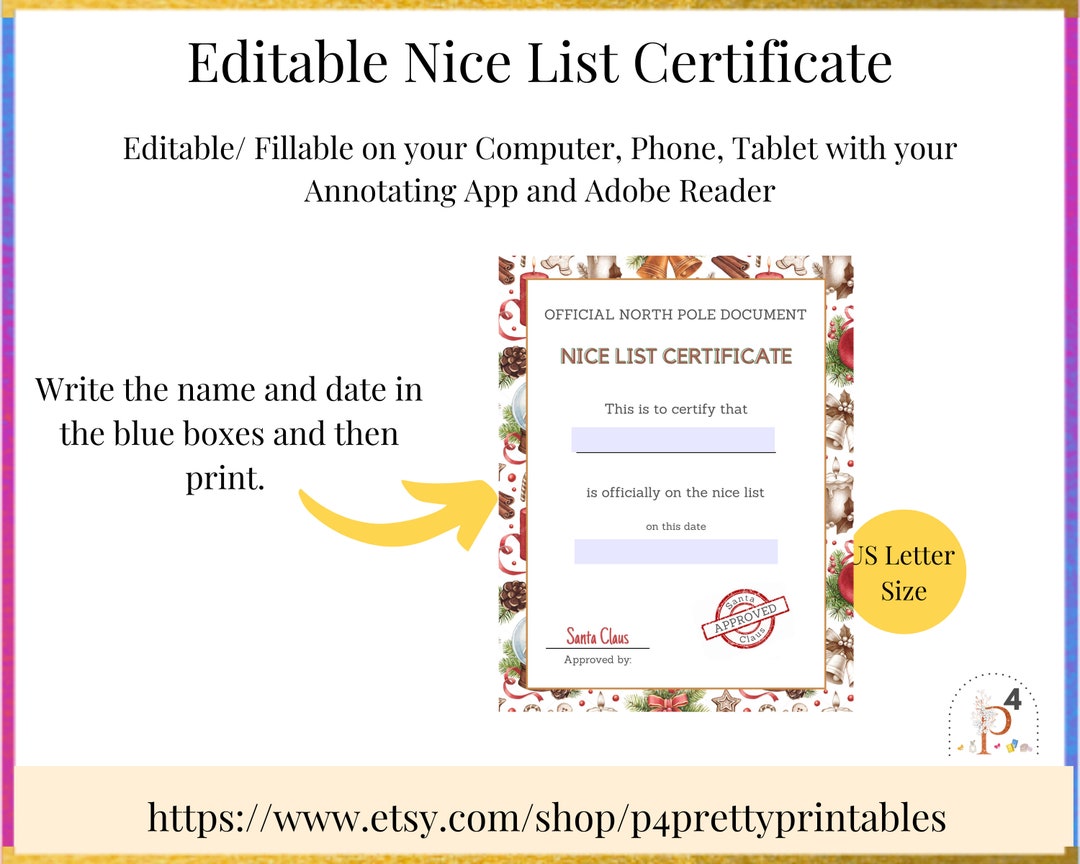Editable Nice List Certificate by Santa Claus Christmas - Etsy