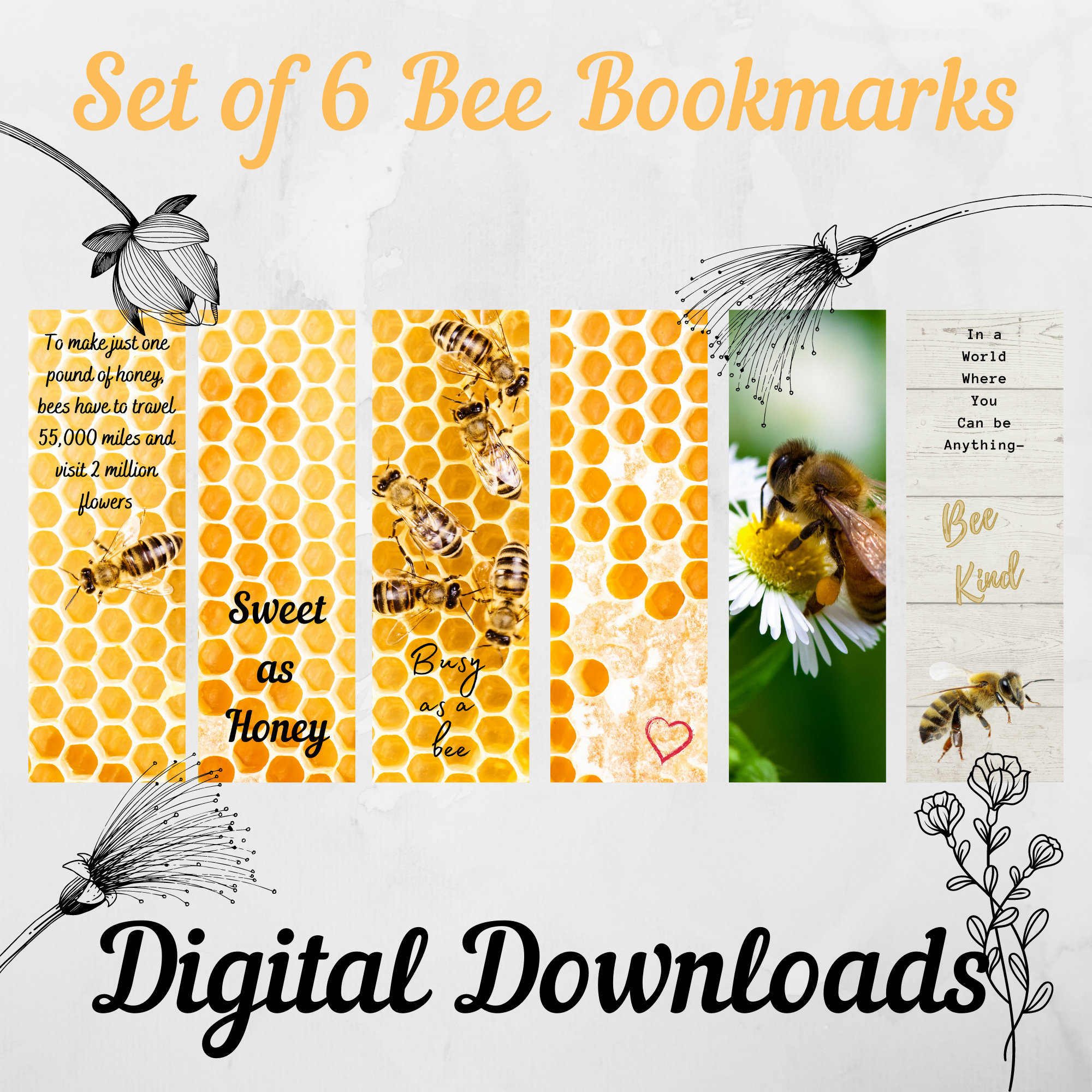 Set of Six Honey Bee Bookmarks, Digital Bookmarks to Download - Etsy