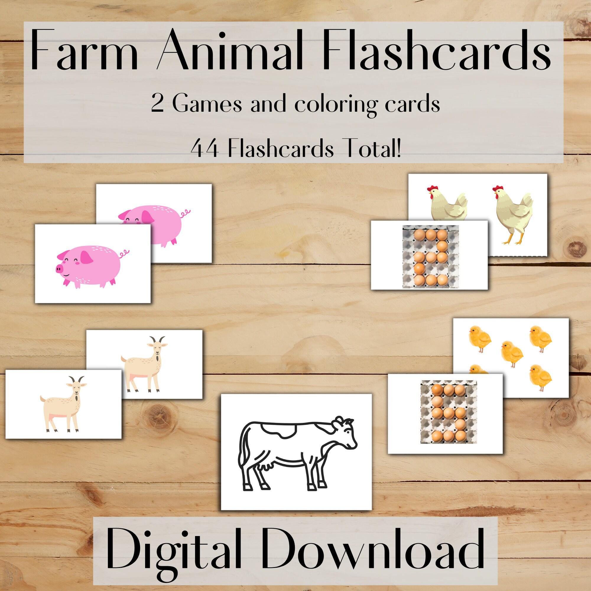 Farm Animal Flashcards, Games and Coloring Cards, Printable Digital ...