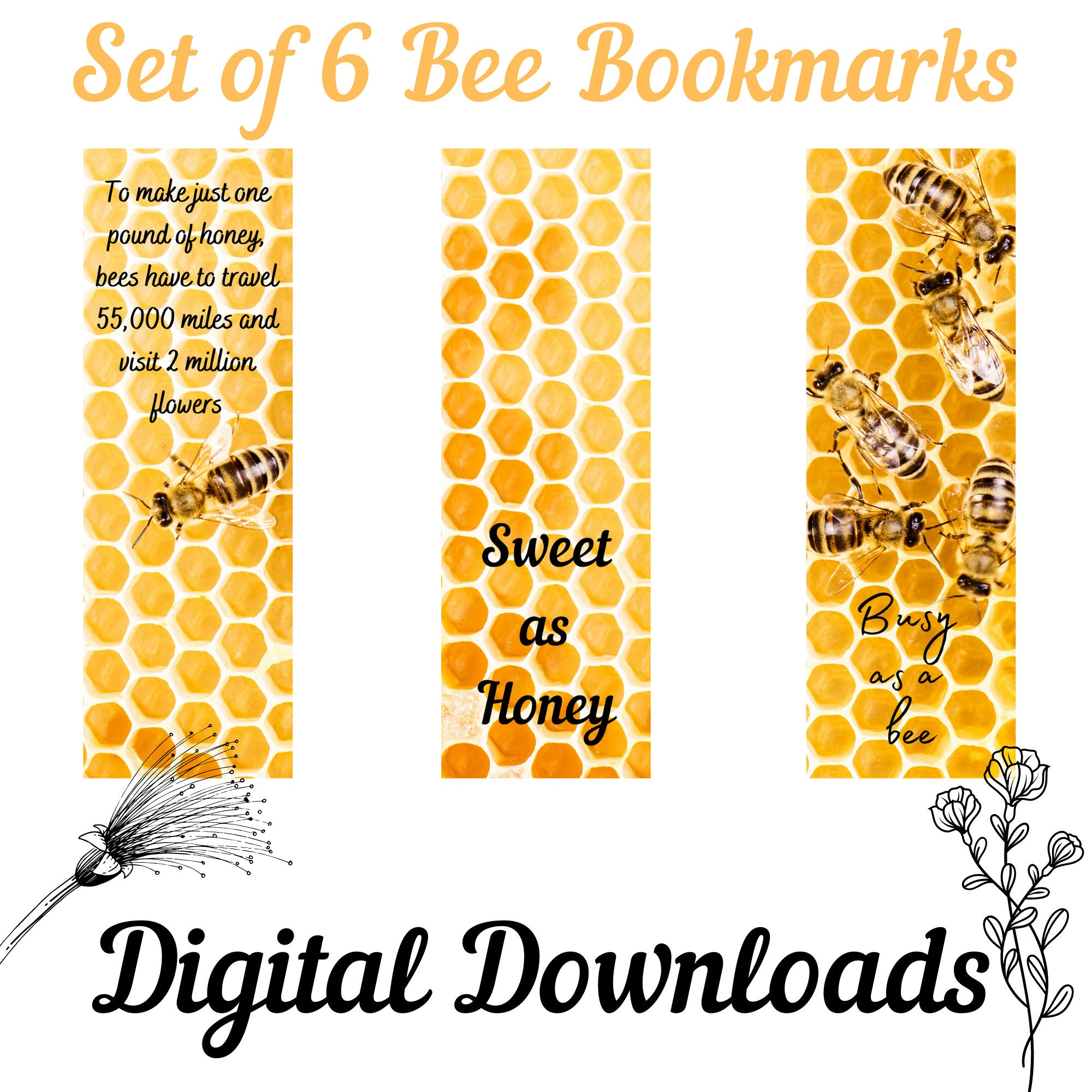Set of Six Honey Bee Bookmarks, Digital Bookmarks to Download - Etsy