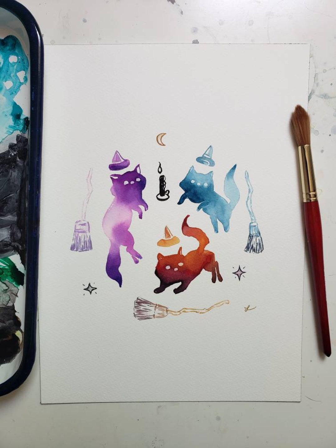 Cat Seance - 9x12 Watercolor Original - Etsy
